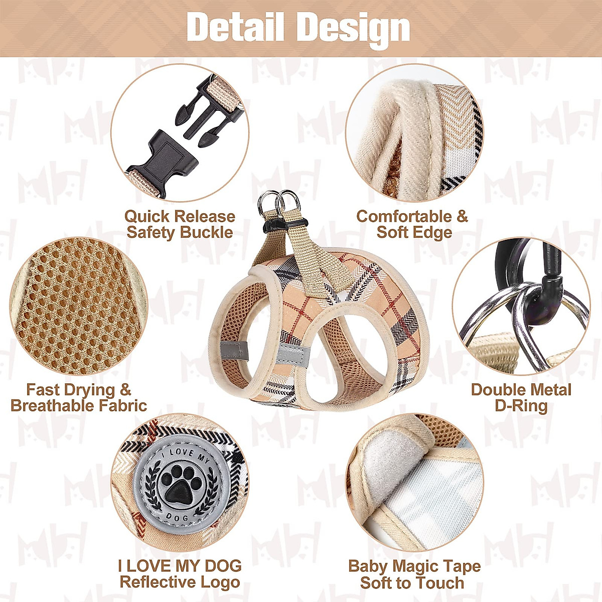 BEAUTYZOO Small Dog Harness and Leash Set,Step in No Chock No Pull Soft Mesh Dog Harnesses Reflective for Extra-Small/Small Medium Puppy Dogs and Cats, Plaid Dog Vest Harness for XS S Pets, Beige XS
