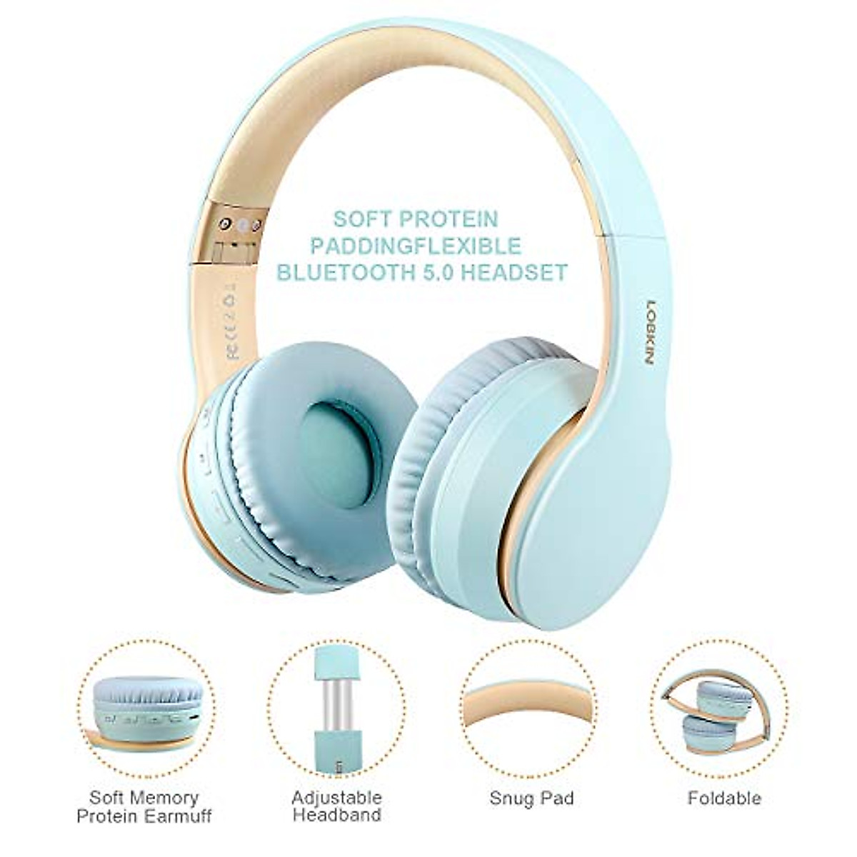 LOBKIN Over Ear Headphones with Microphone, Stereo Hi-Fi Sound Noise Cancelling Headphones, Portable FM Radios TF Foldable Headsets Wireless Bluetooth Headphones (Powder Blue)