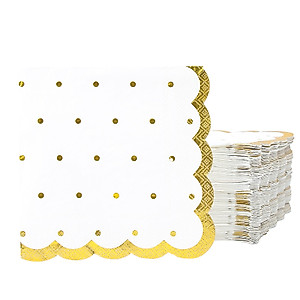 100 Pack White Scalloped Napkins with Gold Foil Edges and Dots for Wedding, Bridal, Baby Shower, Christening, any Occassion, Dinner Luncheon (3-Ply, 6.3 x 6.3 In)