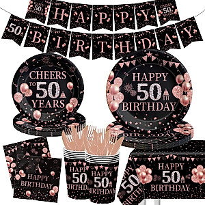 142Pcs Rose Gold 50th Birthday Decorations-Happy 50th Birthday Disposable Tableware for Women Rose Gold Birthday Plates and Napkins Set Serves 20 Guests