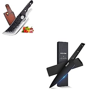 Huusk Forged Meat Cleaver Knife with Sheath Bundle with AUS 8 Stainless Steel Japanese Chef Knife