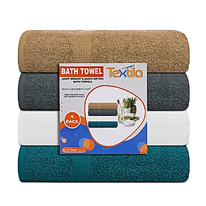 Textila Cotton Bath Towels - Medium Bath Towel 24x48 Inches - Pack of 4 - Multi Color - Soft and Absorbent Towels for Bathroom, Gym, Pool, Spa, Hotel, Home & Hair Wrap Use