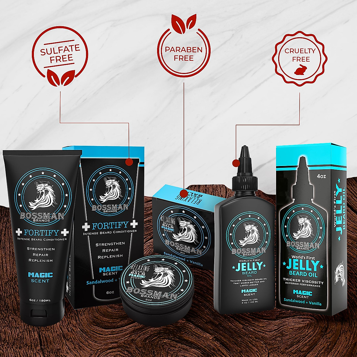 Bossman Essentials Beard Kit for Men - Beard Oil Jelly, Fortifying Conditioner Cream, Beard Balm - Grooming Growth Care Accessories (Magic)