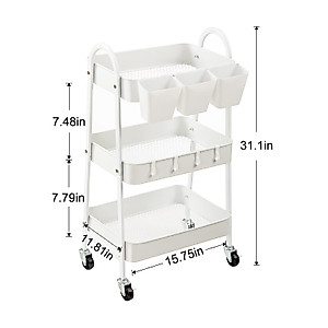 danpinera 3-Tier Rolling Cart, Metal Rolling Storage Cart with Lockable Wheels & Hanging Cups & Hooks, Mobile Trolley Cart for Kitchen, Bathroom, Office, Workshop, White