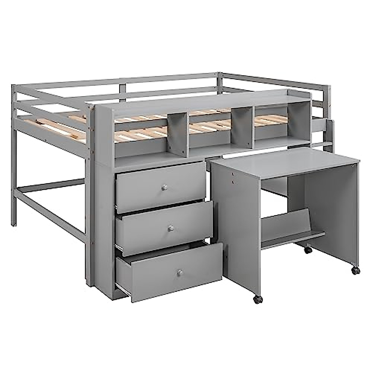 Wooden Full Size Bed Frame Full Size Low Loft Bed with Rolling Portable Desk, Drawers and Shelves, Gray