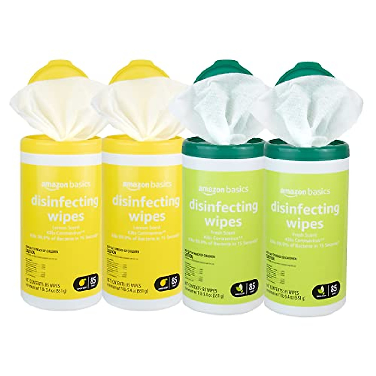 Amazon Basics Disinfecting Wipes, Lemon & Fresh Scent, Sanitizes/Cleans/Disinfects/Deodorizes, White, 85 Count, Pack of 4 (Previously Solimo)