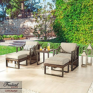 Festival Depot Patio Ottoman Wicker Footstool with Thick Cushion Metal Frame Outdoor Furniture for Deck Yard All Weather (Grey)