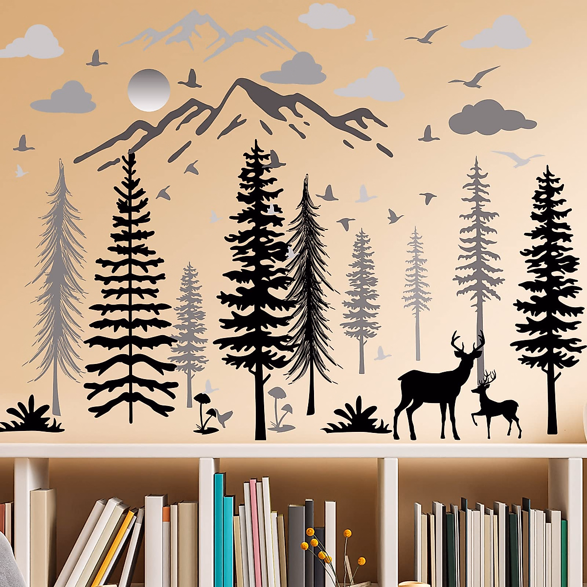 8 Pieces Winter Forest Wall Stickers Nursery Snowflake Wall Decals Dreamy Forest Wall Stickers Deer Pine Tree Wall Decals Woodland Trees Wall Decals for Kids Room Winter Decor(Black, White, Gray)