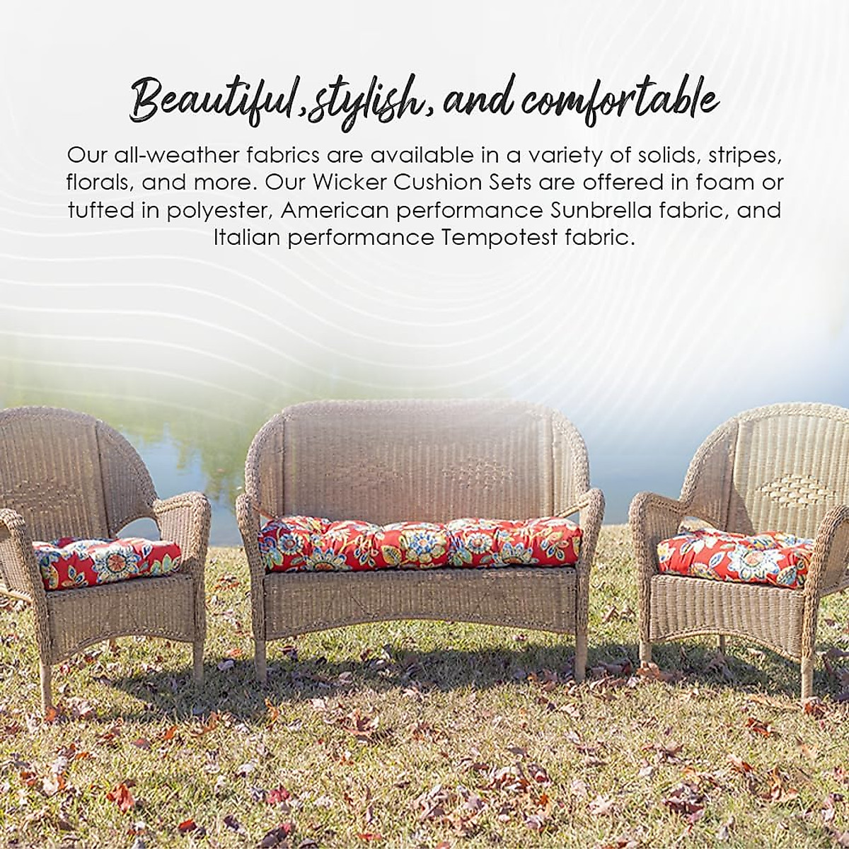 RSH DECOR: 3-Piece Wicker Tufted Cushion Set | 41” x 19" & 19" x 19" | All-Weather Spun Fabric | Water-Resistant | Outdoor Loveseat & U-Shape Cushions for Patio Furniture | Classic Pink Stripe