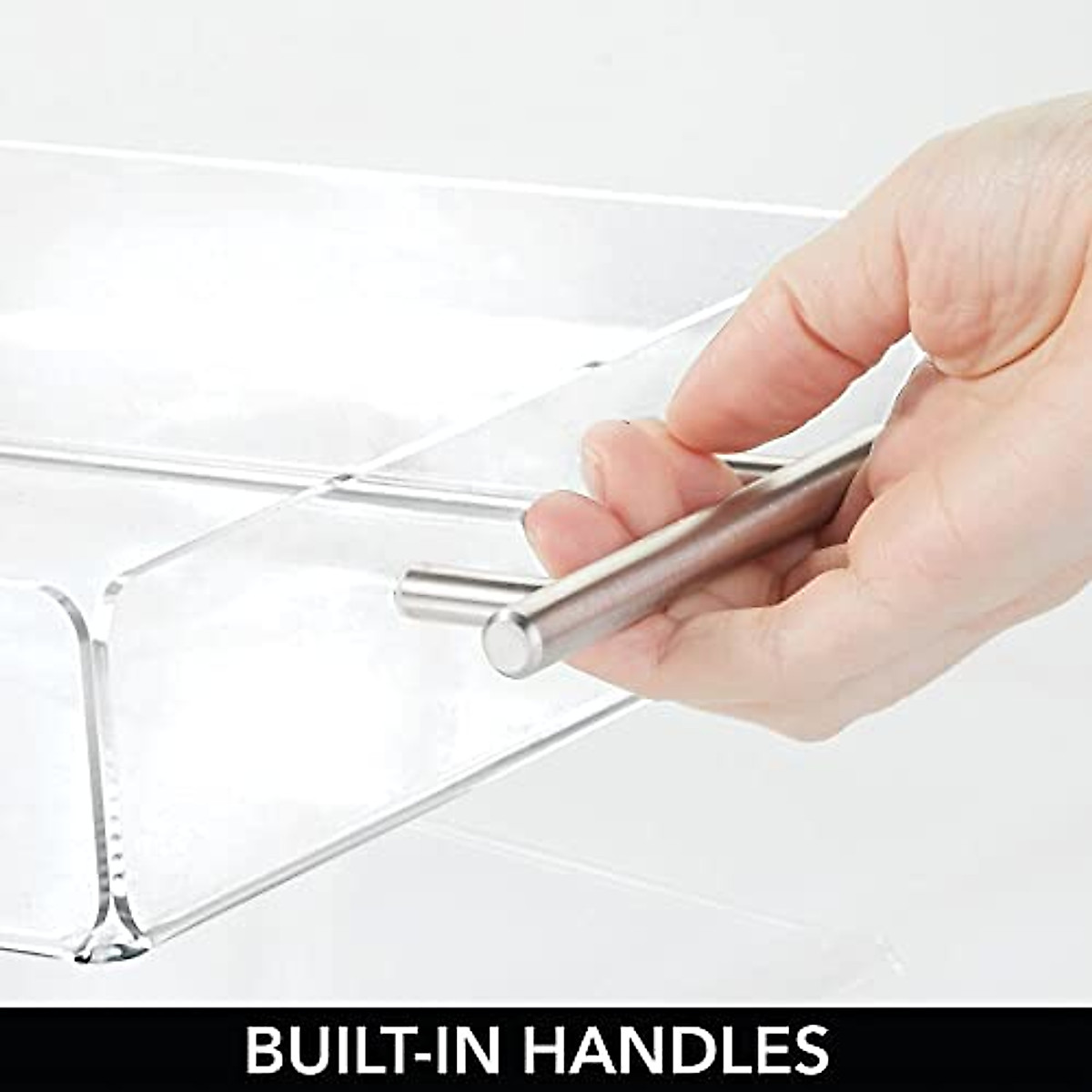 mDesign Modern Acrylic Rectangular Serving Tray with Handles for Food, Tea, Coffee, Breakfast, Snacks, Cheese, Appetizers - Use in Kitchen, Bathroom, Office - Small, 2 Pack - Clear/Stainless Steel