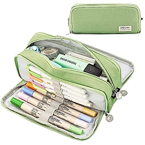 EHOPE Large Capacity Pencil Case 3 Compartments Pencil Pouch Portable Large Storage Canvas Pencil Bag for School Student Teen Girl Boy (Green)