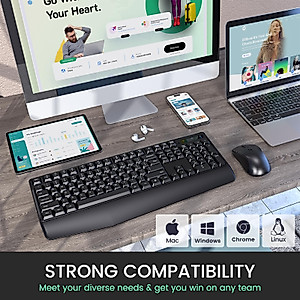 Wireless Keyboard and Mouse Combo, 2.4G Full-Sized Ergonomic Computer Keyboard with Wrist Rest and 3 Level DPI Adjustable Wireless Mouse for Windows/MacOS, Desktops/Laptops