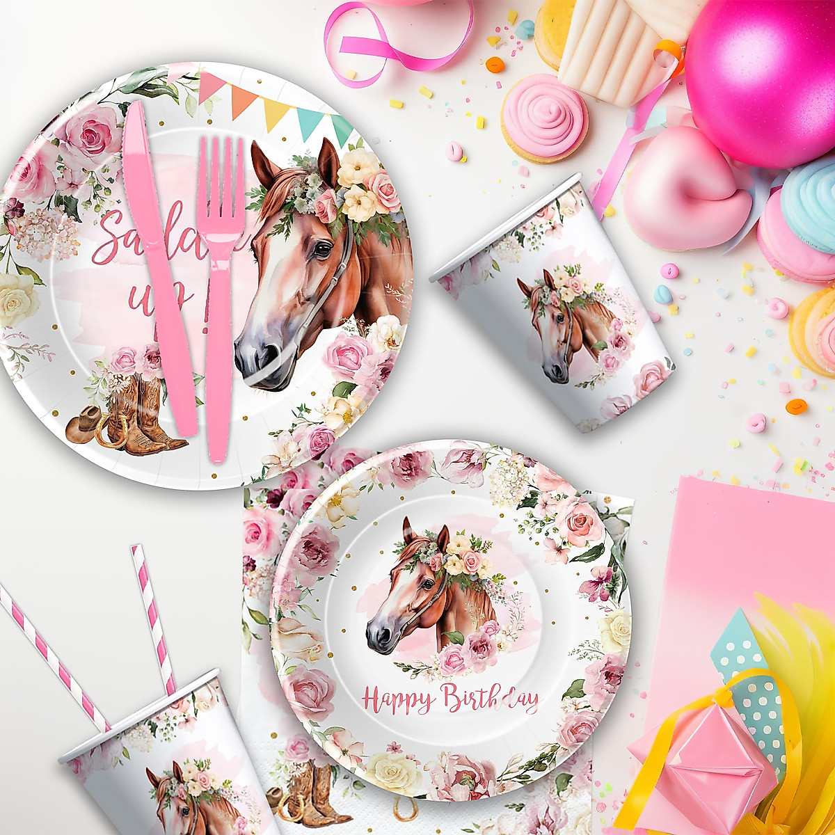 HIPVVILD Cowgirl Party Decorations Tableware - Horse Theme Saddle Up Western Party Supplies, Plate, Cup, Napkin, Cutlery, Tablecloth, Wild West Cowgirl Birthday Baby Shower Decorations | Serve 24
