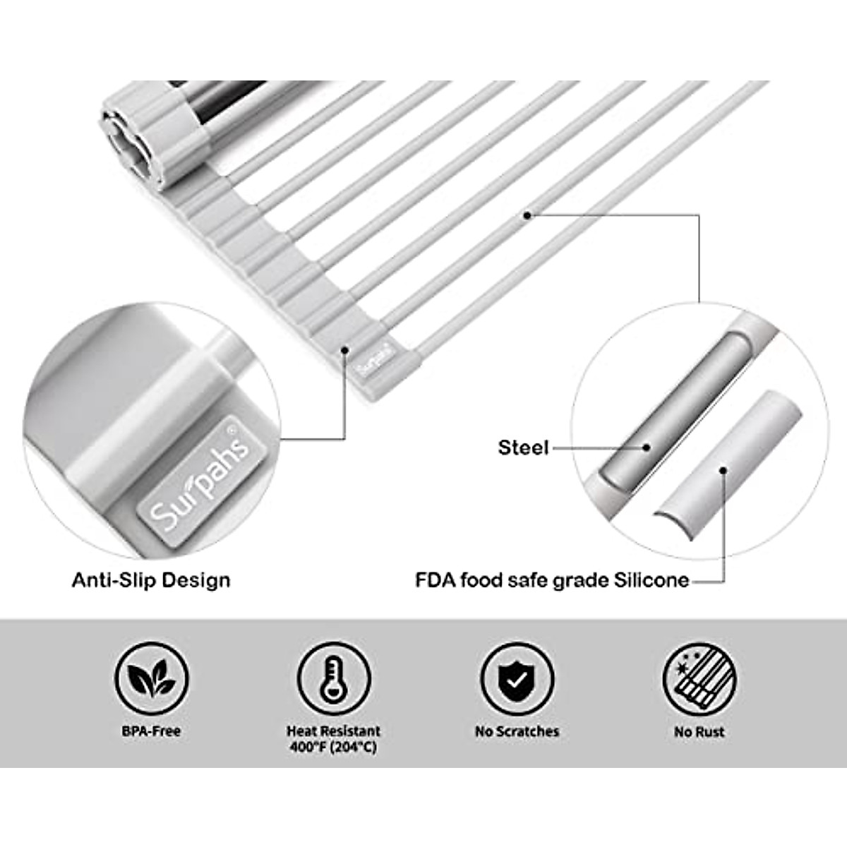 Surpahs Over The Sink Multipurpose Roll-Up Dish Drying Rack (Warm Gray, Large - 20.5" x 13.1")