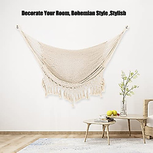 Hammock Chair，Max 330lbs, Large Hanging Chair, Soft Cotton Rope Swing Chair with High Load-Bearing Metal Rod,Indoor Outdoor Garden Yard Living Room Use