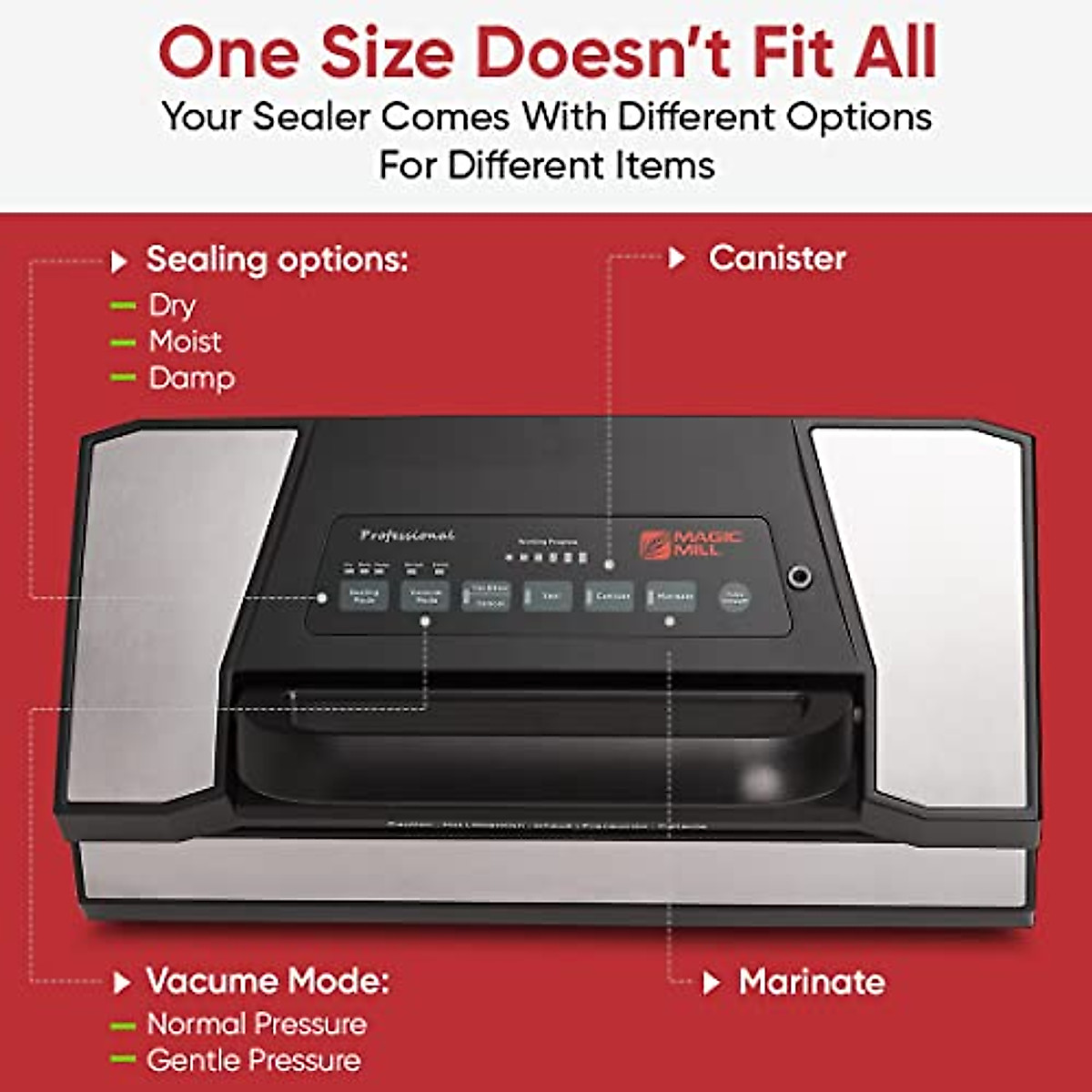 Magic Mill Professional Vacuum Sealer Machine Pro With New Patent Handle MVS-5181 for Food Bags, Marinate Bowls, and Meal Packing Cannister | Vacuum Sealer with Cutter and Jar Attachment | Manual and Automatic Bag Sealer with 2 Pressure Settings