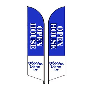 BannerBuzz Blade Flag “Open House, Please Come In”, 2' X 7.58' | 13' ft Long Graphic with Hardware Includes Aluminum Flag Pole & Ground Spike Base (Theme 2) (Double Side Print)