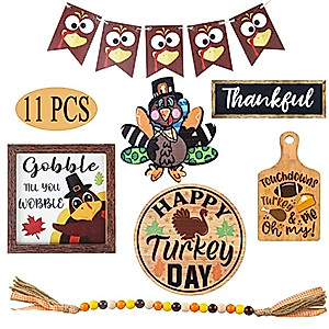 11Pcs Thanksgiving Turkey Tray Decor Fall Decorations Gobble Till You Wobble Thankful Wooden Signs and Thanksgiving Bead Garland Farmhouse Rustic Tiered Tray Decor for Home Table