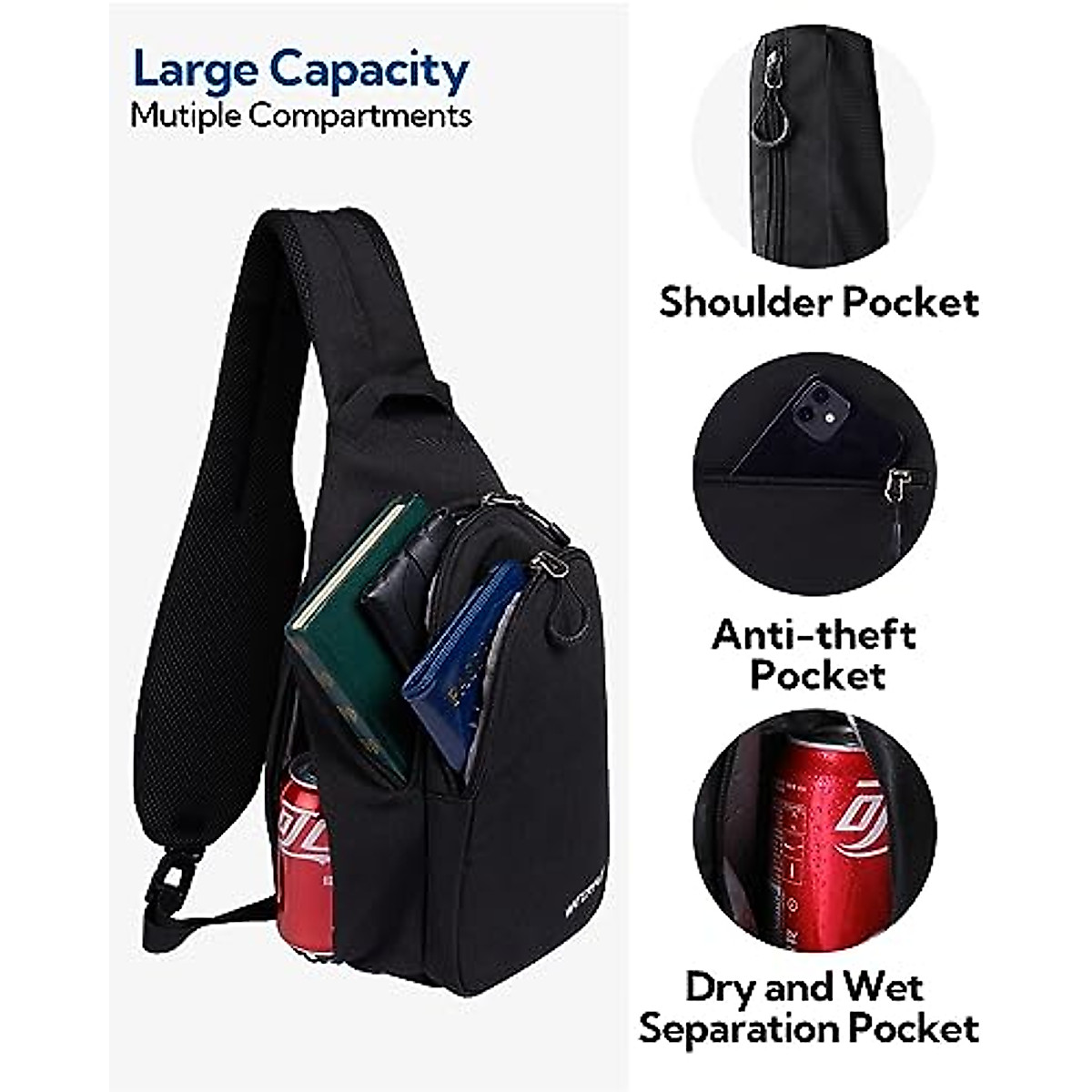 WATERFLY Crossbody Casual Bag Daypack: Small Sling Bag with Wet Bag for Men Black