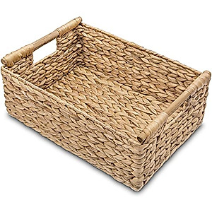 Large Water Hyacinth And Seagrass Basket Storage Wicker Basket Rectangular with Wooden Handles for Shelves