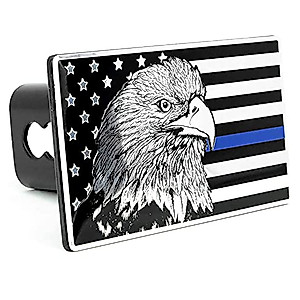 eVerHITCH USA Flag Eagle Metal Flag Emblem on Metal Trailer Hitch Cover (Fits 2" Receiver, Black & Chrome Flag with Thin Blue line)