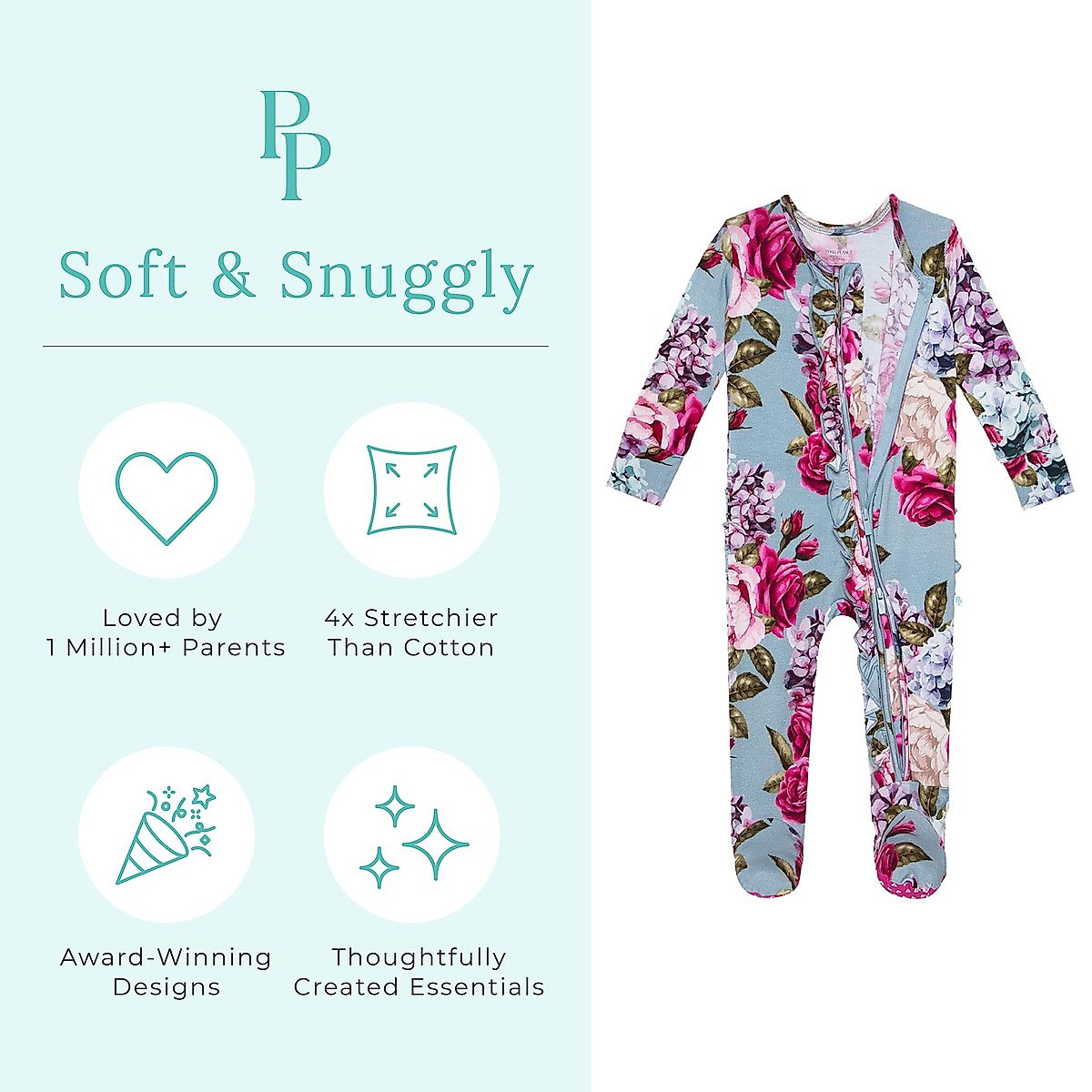 Posh Peanut Footie Pajamas for Baby Girls – Sleepers in Ultra-Soft Viscose from Bamboo with 2-Way Zipper & Ruffle Trim – Newborn to Toddler Sleepwear (Lacey, 3-6 Months)