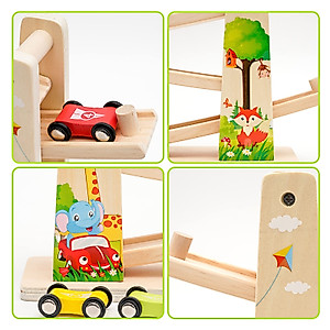 Car Ramp Toys for Toddlers | Wooden Car Track for 1 2 Year Old with 4 Cars & Race Tracks | Montessori Toys Gift for Toddlers Boys and Girls (yellow)