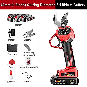 Electric Pruning Shears, Cordless Pruner With 21V Rechargeable Battery & Replacement Blade Set Power Pruner for Garden Fruit Tree 40mm (1.6inch) Cutting Diameter ( Size : 3 X 2AH 21V Lithium Battery )