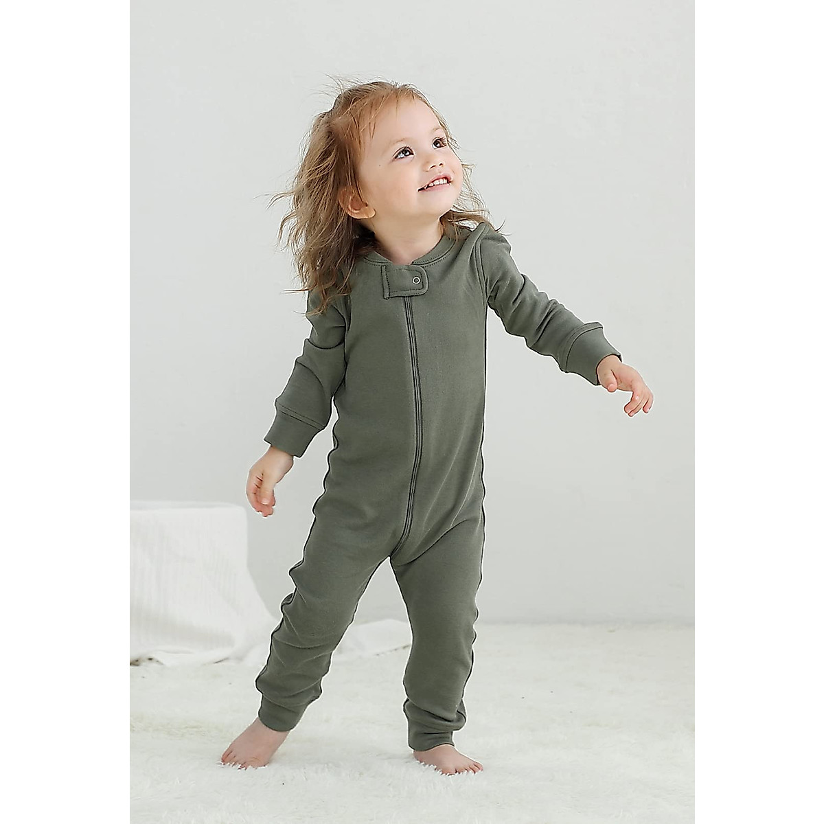Owlivia Organic Cotton Baby Boy Girl Zip up Sleep N Play, Footless, Long Sleeve(12-18 Months, Dark Grey Melange & Olive Green)