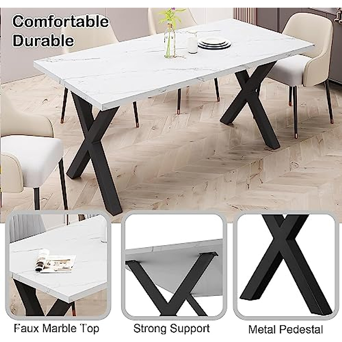 70.87" Faux Marble Dining Table, Modern Rectangular Dining Table with Printed Marble Table Top and X-Shape Stainless Steel Table Leg/Metal Base for Kitchen & Dining Room（White Top+ Black Legs）