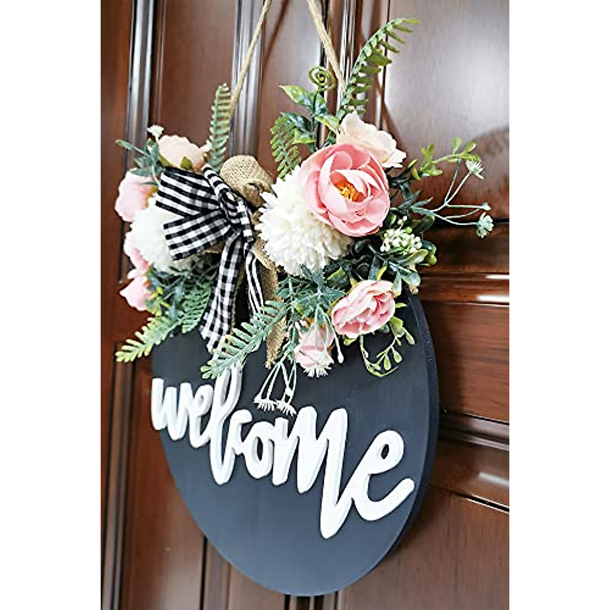 Welcome Sign for Front Door, Farmhouse Porch Décor Wooden Hanging Round Sign 12" Black-Floral