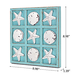 NIKKY HOME Beach Tic Tac Toe for Fun Starfish Sand Dollar Coastal House Coffee Table Decor Wood Board Travel Game, 8.98 x 8.98 x 1.18 inch, Teal