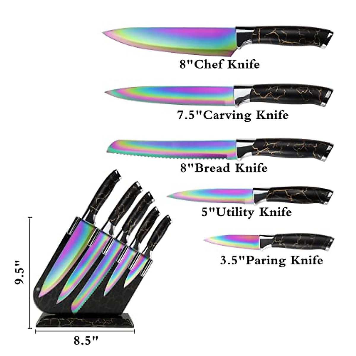 Rainbow Knife Set, Non Stick Kitchen Knives Set with Acrylic Block, 6 Piece Stainless Steel Knives, Marbling Handle Chef Quality for Home & Pro Use, Best Gift (Black Handle)