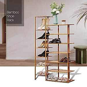 MoNiBloom Bamboo 14 Tier Shoe Rack for Entryway Vertical Double Row Shoe Storage Space Saving Shoe Organizer for 26-30 Pairs Entryway Hallway Corner Bedroom, Brown