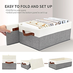 3 Pack Large Capacity Storage Bins Closet Organizer for Shelves, Fabric Closet Storage Baskets Boxes with Leather Handles for Organizing Clothes, Sheets, Jeans, Toys, Books (Grey)