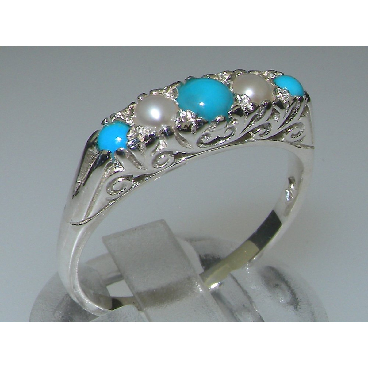 925 Sterling Silver Natural Turquoise and Cultured Pearl Womens Band Ring - Size 7.75