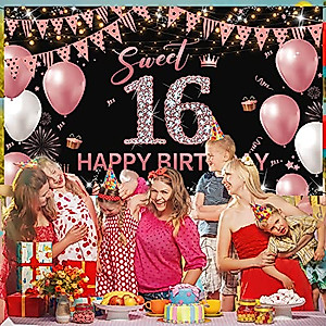 Sweet 16 Birthday Backdrop Banner, Sweet 16 Birthday Decorations, Rose Gold Sweet Sixteen Decorations for Girls, Sweet 16 Photo Booth Backdrop, 16th Birthday Decorations, Fabric 6.1ft x 3.6ft PHXEY