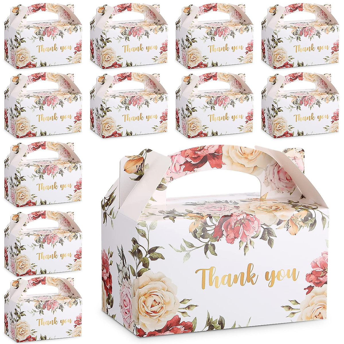 Xinnun 50 Pcs Thank You Treat Boxes Floral Design Gift Boxes Gable Boxes Party Favor Boxes for Tea Party, Mother's Day, Wedding