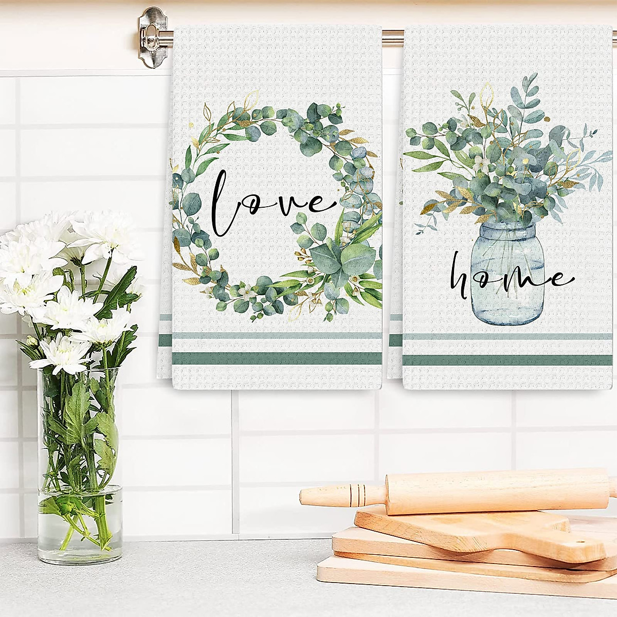 Lebsitey Green Eucalyptus Leaf Kitchen Towels, 4 Pack Love Sweet Home Quotes Eucalyptus Wreath Tea Dish Towels, Absorbent Drying Cloth Tea Towels for Cooking Baking,16×24IN (Green Leaves Towels)