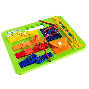 Buckle Toys Busy Board - Montessori Learning Toy for Toddlers Road Trip Essentials - Foam Sensory Board - Develop Fine Motor Skills - Green