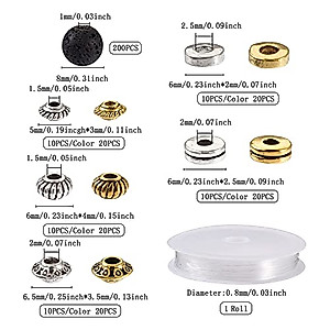 Bestewelry 300Pcs Natural Stone Lava Rock Alloy Beads Kit Flat Round Donut Metal Spacer Beads Gemstone Chakra Beads with Crystal String for DIY Essential Oil Gemstone Bracelet Making