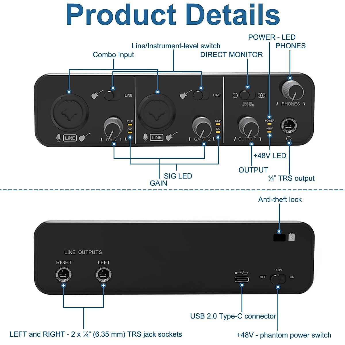 ZUZONG 2i2 Audio Interface Audio Interface USB Microphone Preamps with 48V Phantom Power 24 Bit Support Smartphone/Tablet/Computer and Other Equipment Recording（No DAW Recording Software）