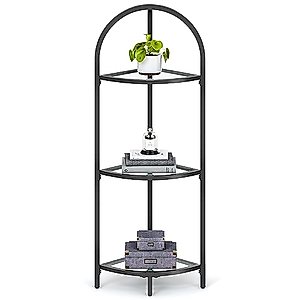 VASAGLE 3-Tier Corner Shelf Stand, Corner Bookshelf, Bathroom Organizer, Plant Stand, Tempered Glass, Steel Frame, Modern Style, for Living Room, Bathroom, Kitchen, Classic Black ULGT811B61