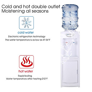 5 Gallon Water Ccooler Dispenser，Top-Loading Water Cooler 2 Temperatures with Hot and Cold Spouts Children Safety Lock and Storage Cabinet for Home Office (White)