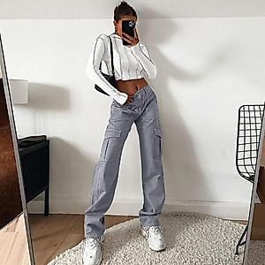 Womens Baggy Cargo Pants y2k Jeans Parachute Pants Teen Girls Wide Leg Trousers Trendy Clothes Hiking Pants Blue Grey