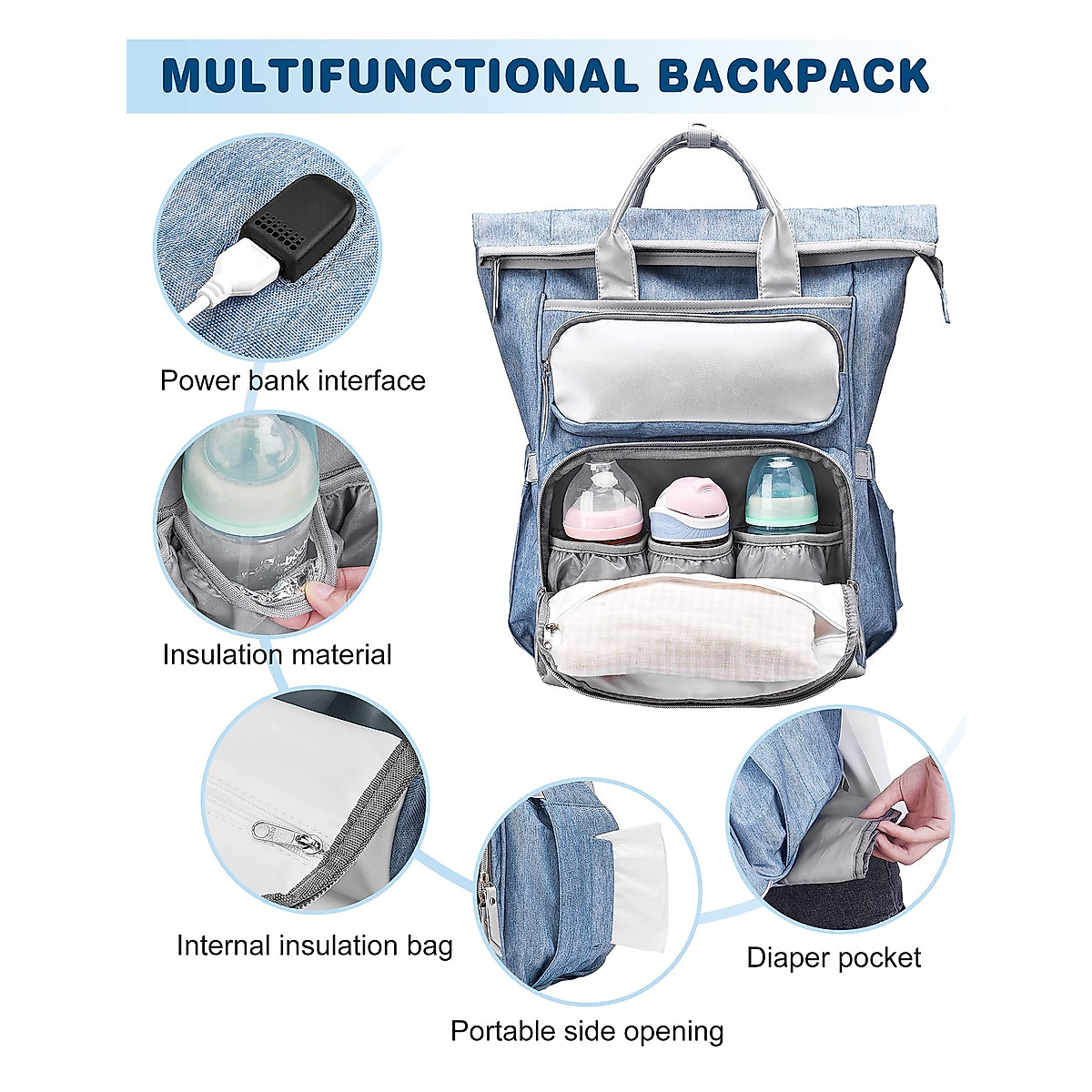 Diaper Bag Backpack, Large Baby Bag, Multi-Functional Travel Back Pack, Waterproof Maternity Nappy Bag Changing Bags with Insulated Pockets Stroller Straps