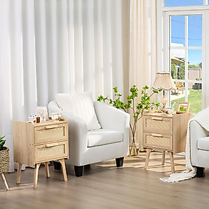 Lerliuo Rattan Nightstand, Boho Night Stand with 2 Drawers, Cane Accent Side End Table, Bedside Table with Solid Wood Legs for Bedroom, Dorm and Small Spaces (Natural)