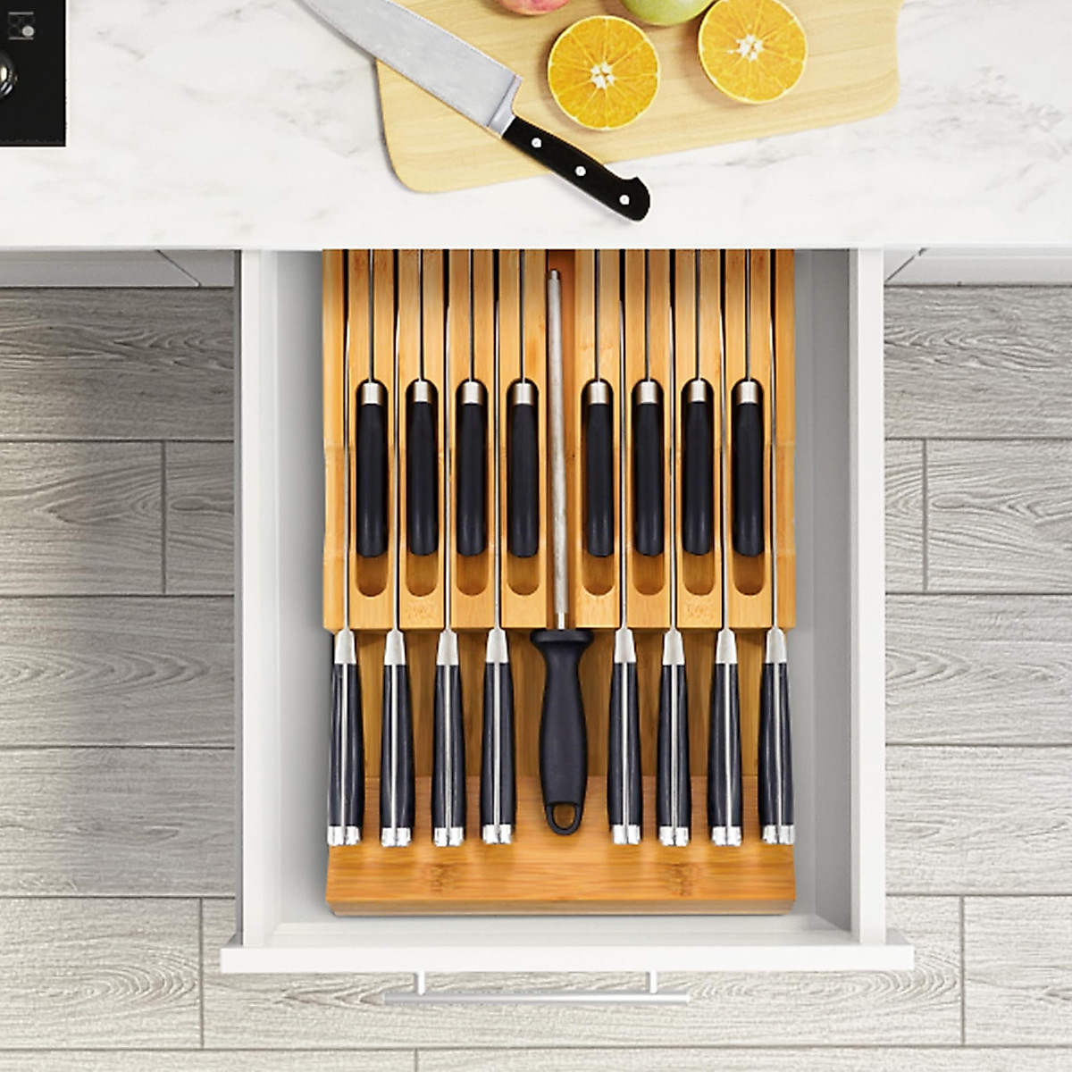 Bamboo Knife Drawer Organizer, Expandable Cutlery Tray and In-Drawer Knife Insert (16 knives)