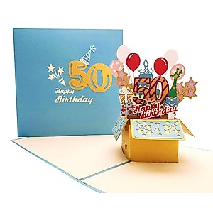 iGifts And Cards Happy 50th Blue Birthday Party Box 3D Pop Up Greeting Card – Fifty, Awesome, Balloons, Presents, Unique, Congrats, Celebration, Feliz Cumpleaños, Fun