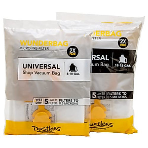 Dustless Technologies Wunderbag- Shop Vac Universal High Capacity Pre-Filter bags for Wet Dry Vacuums, 2 Pack (8-10 Gallon). Commercial, Contractor, Professional, Home use. Wet and Dry